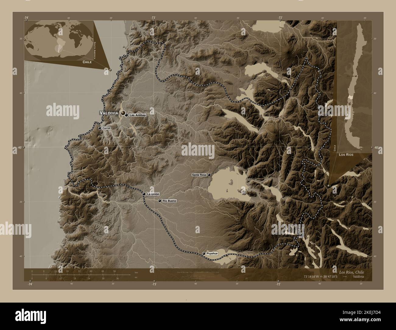 Los Rios, region of Chile. Elevation map colored in sepia tones with ...