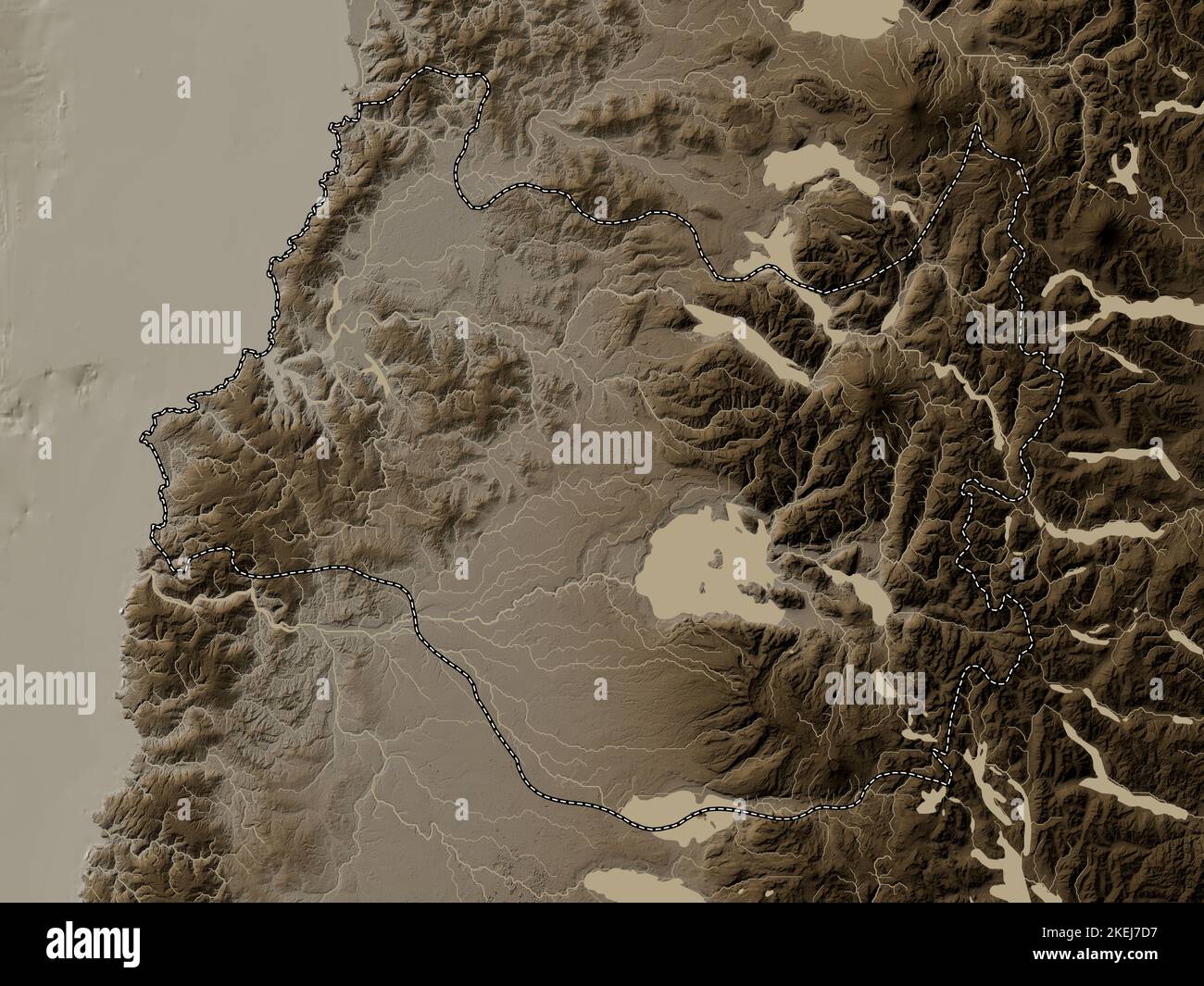 Los Rios, region of Chile. Elevation map colored in sepia tones with ...