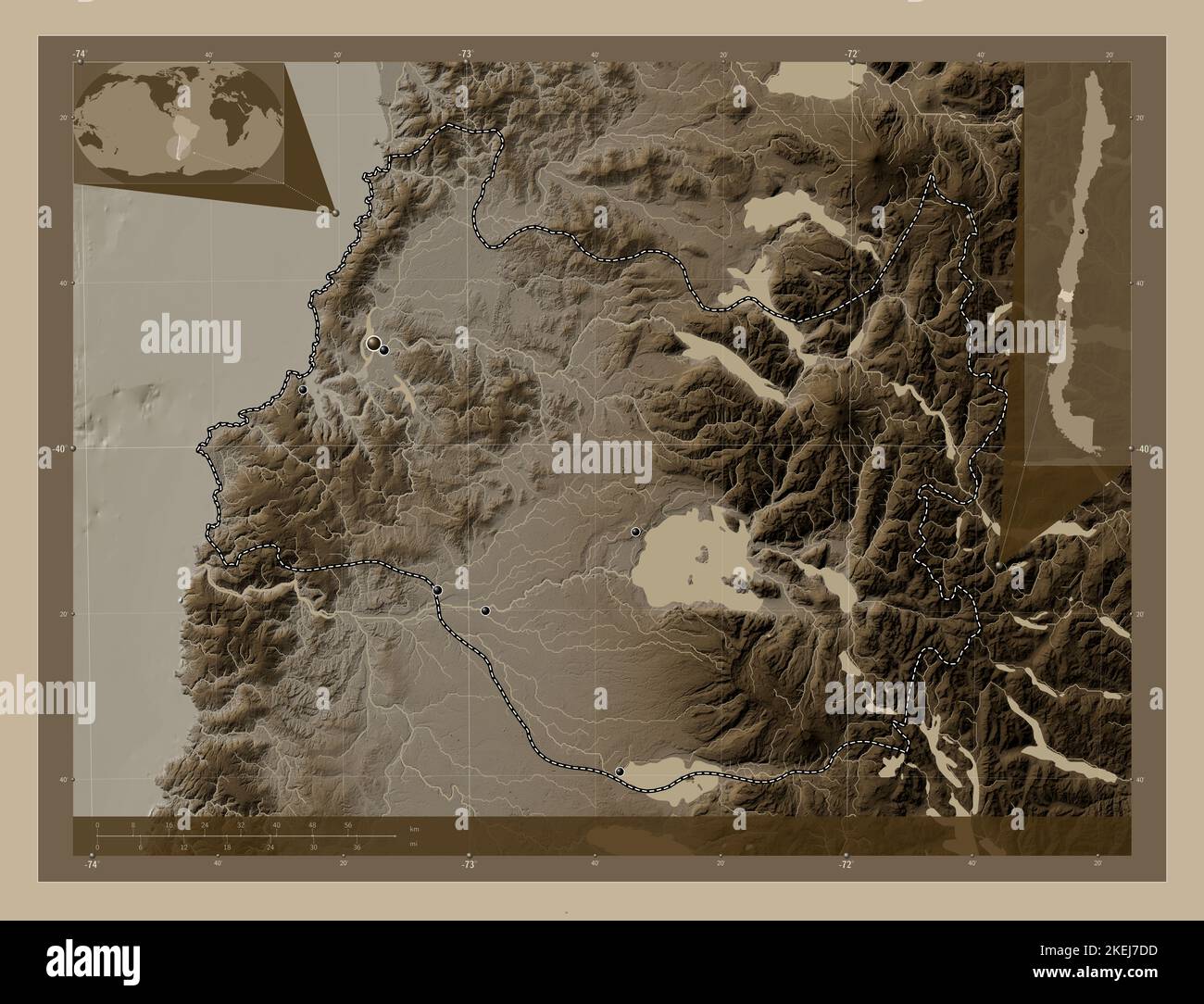 Los Rios, region of Chile. Elevation map colored in sepia tones with ...