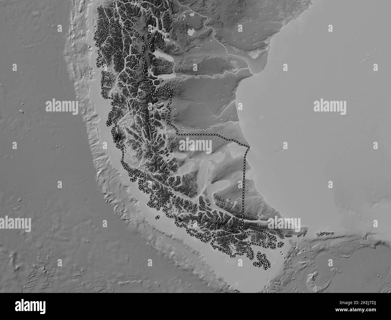Magallanes y Antartica Chilena, region of Chile. Grayscale elevation map with lakes and rivers ...