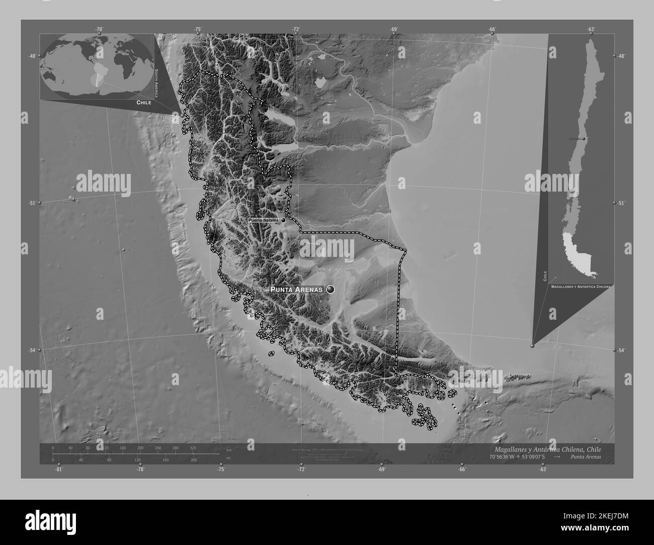 Magallanes y Antartica Chilena, region of Chile. Grayscale elevation ...