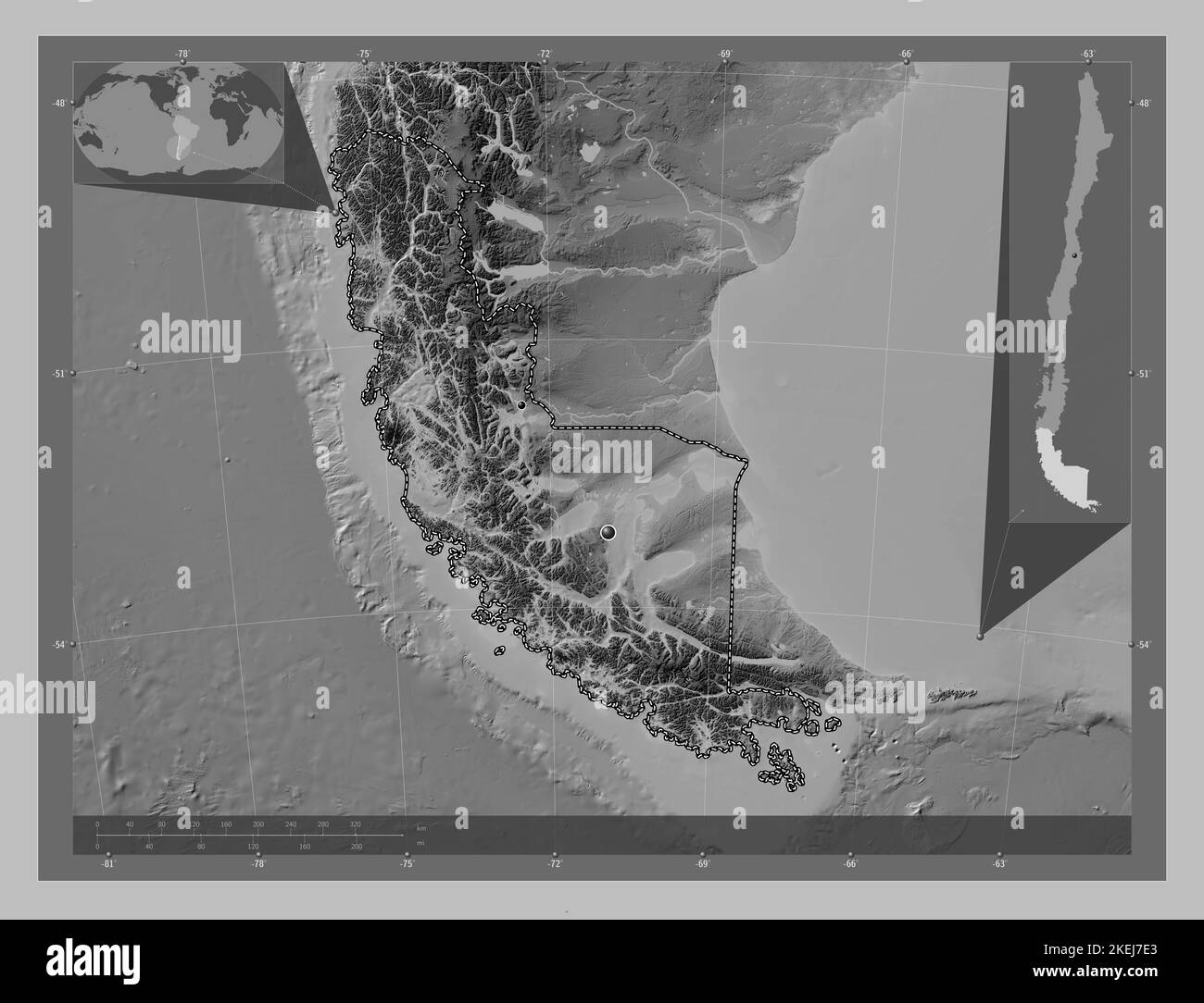 Magallanes y Antartica Chilena, region of Chile. Grayscale elevation ...