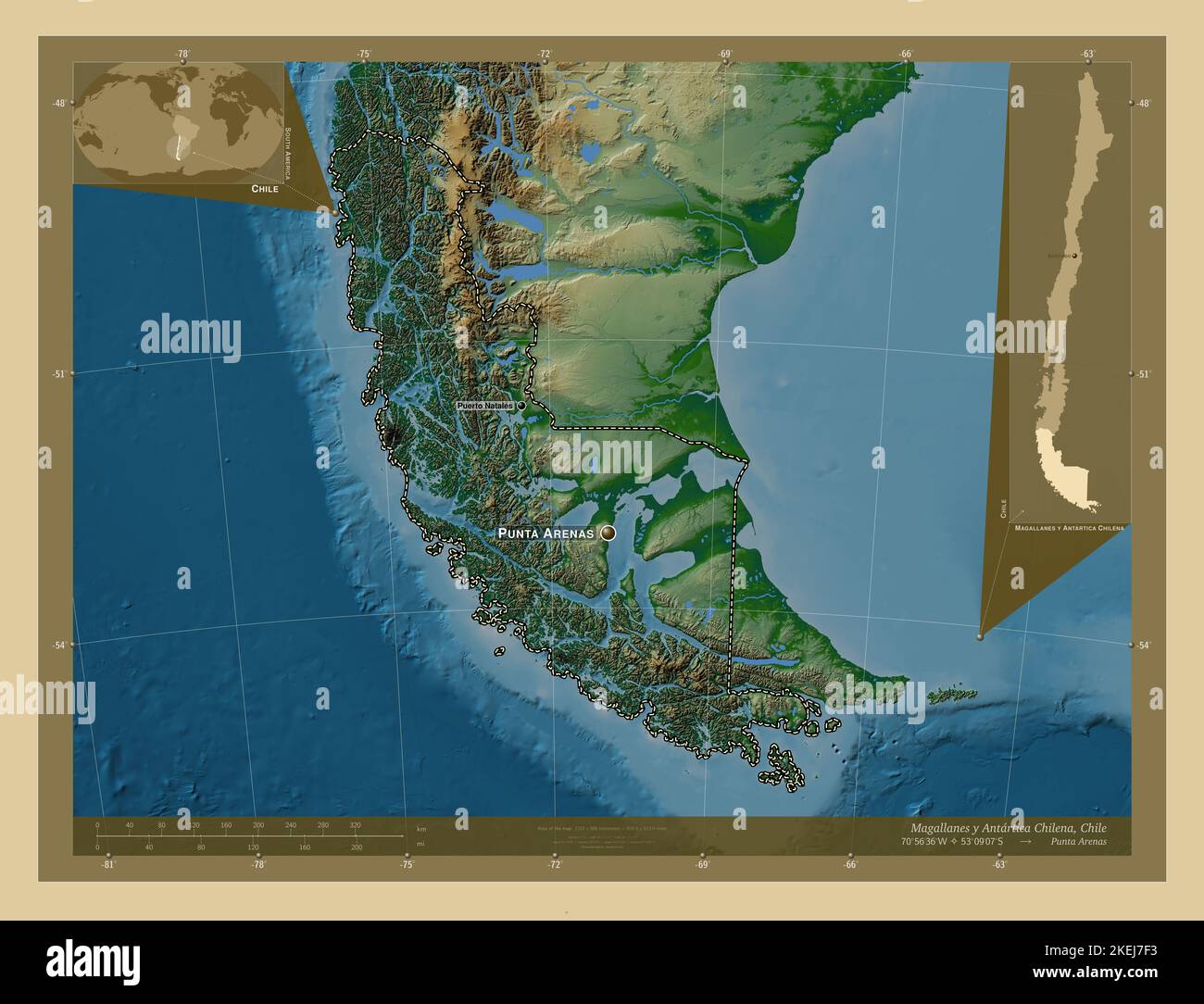 Magallanes y Antartica Chilena, region of Chile. Colored elevation map ...