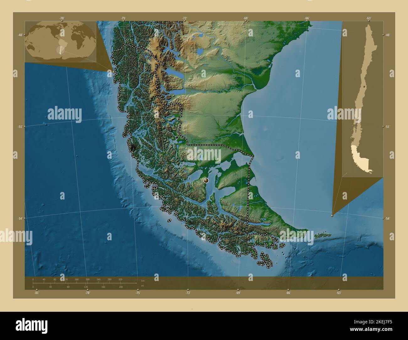 Magallanes y Antartica Chilena, region of Chile. Colored elevation map ...