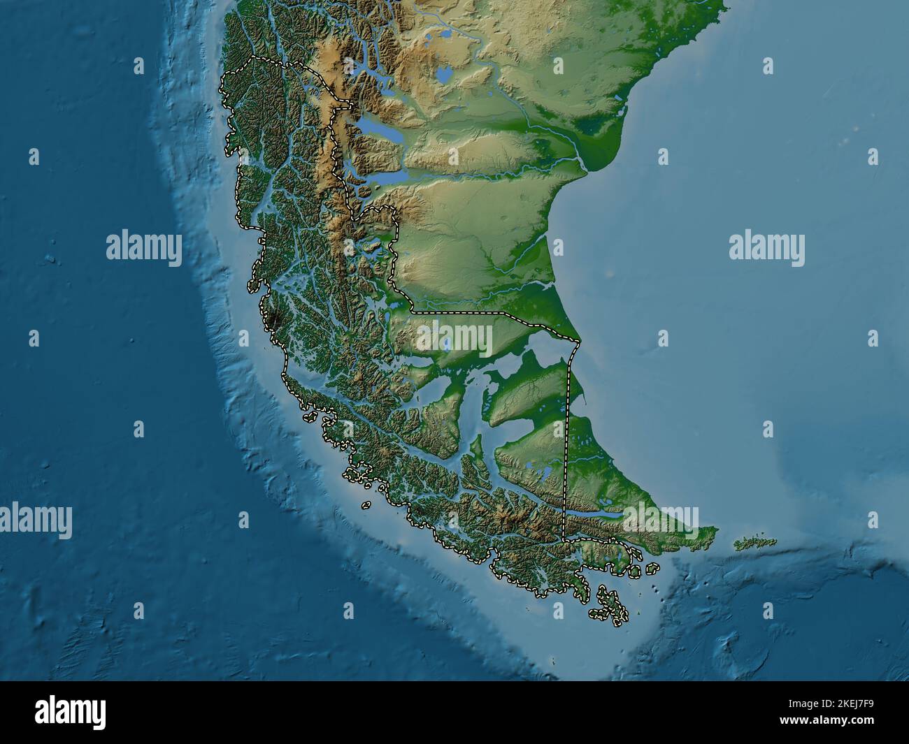 Magallanes y Antartica Chilena, region of Chile. Colored elevation map ...