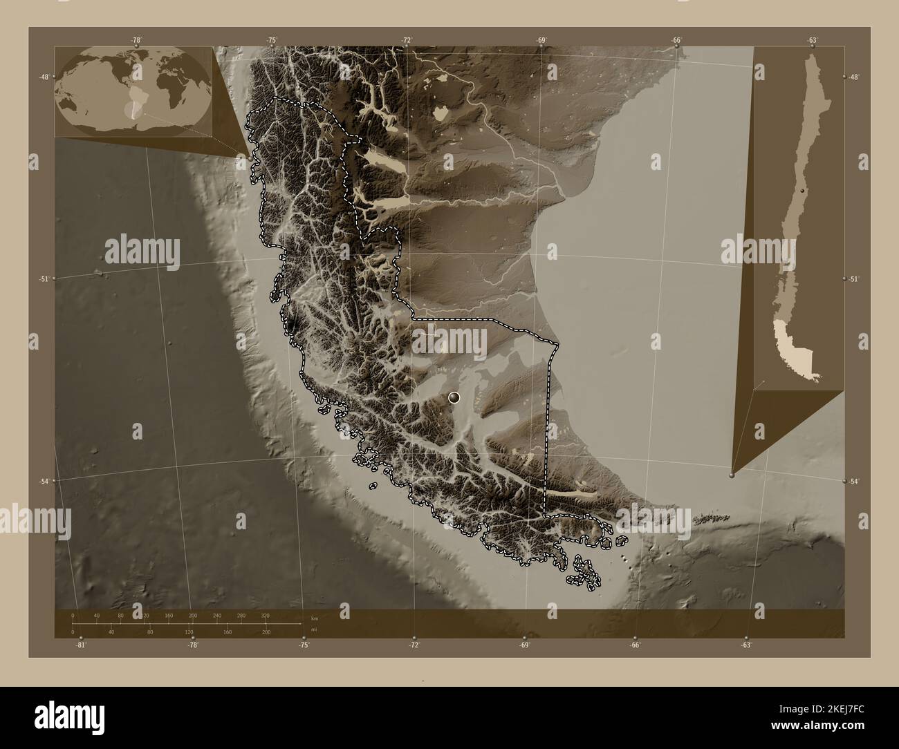 Magallanes y Antartica Chilena, region of Chile. Elevation map colored ...