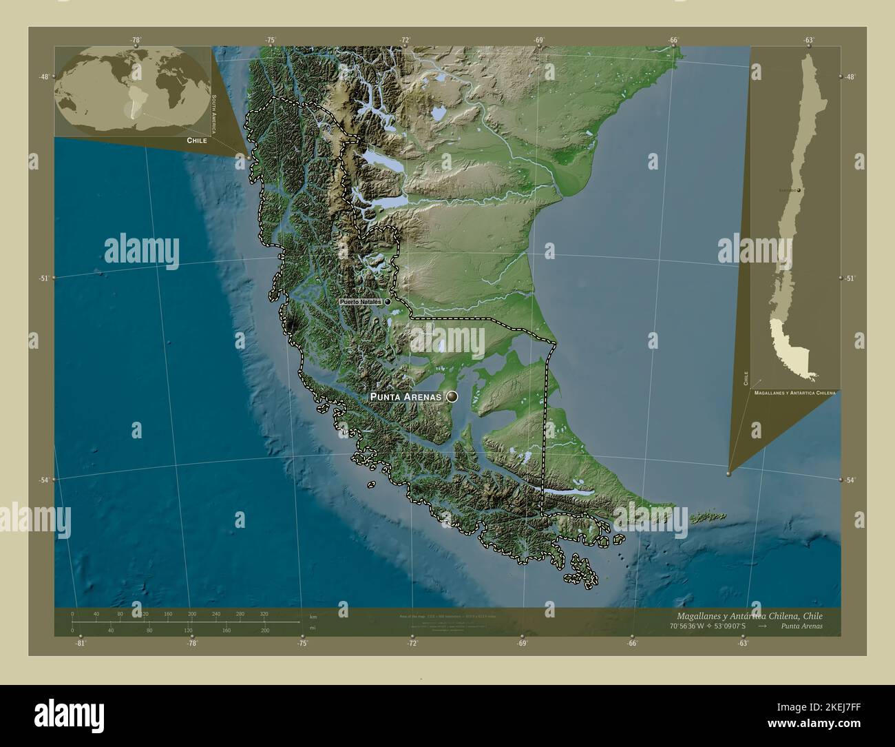Magallanes y Antartica Chilena, region of Chile. Elevation map colored ...