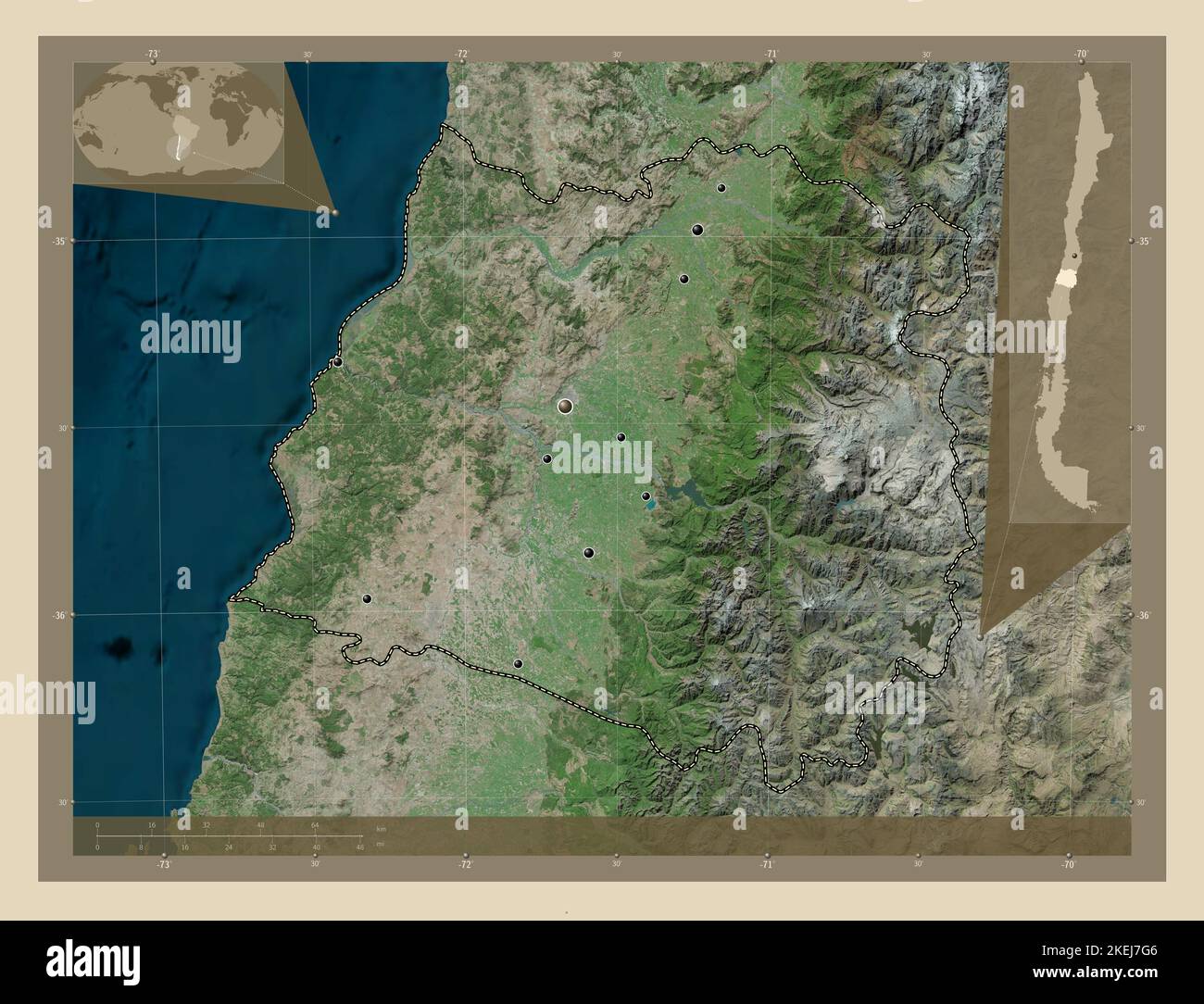 Maule, region of Chile. High resolution satellite map. Locations of ...