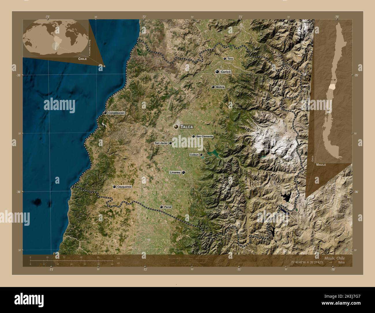 Maule, region of Chile. Low resolution satellite map. Locations and ...