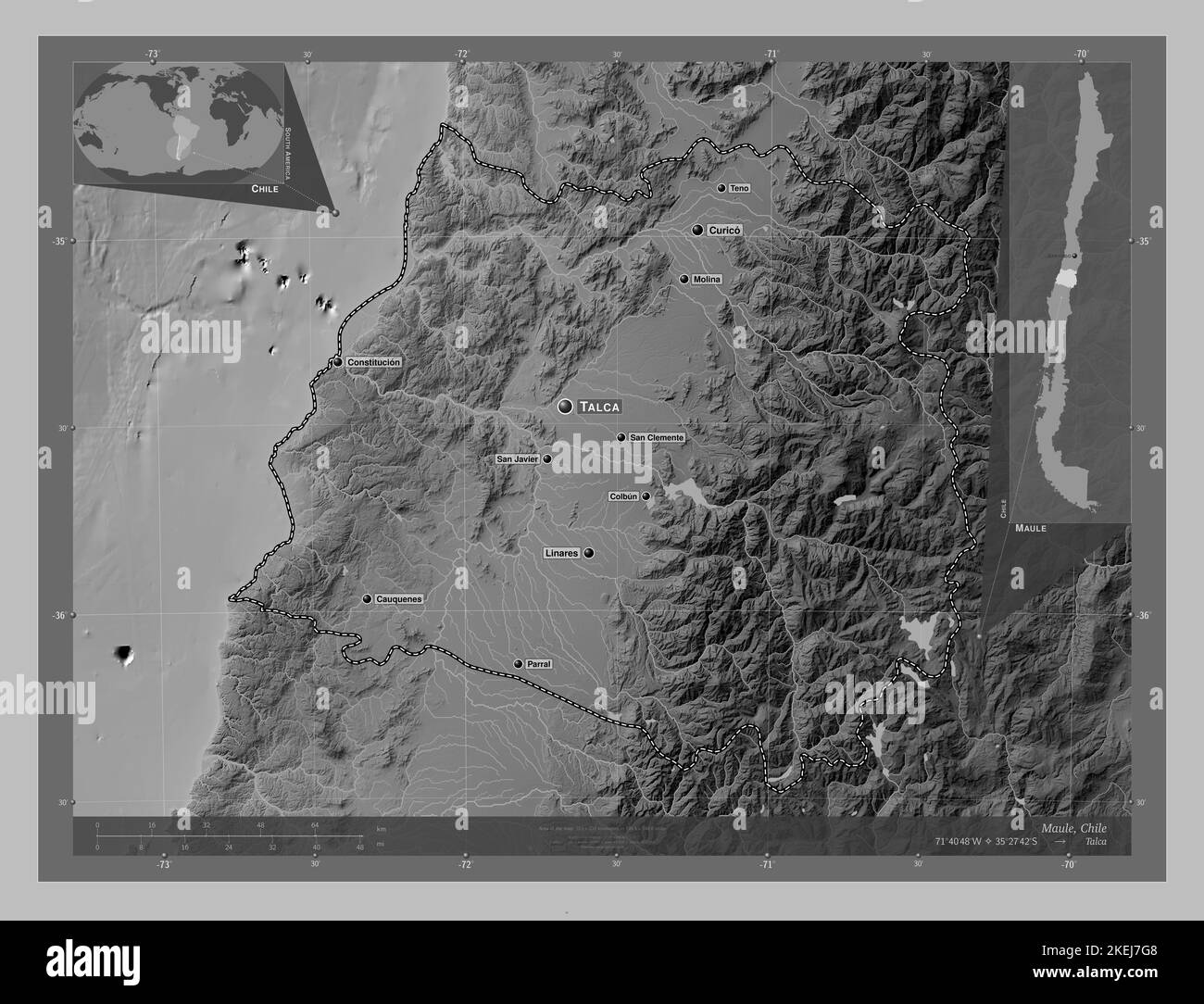 Maule, region of Chile. Grayscale elevation map with lakes and rivers ...