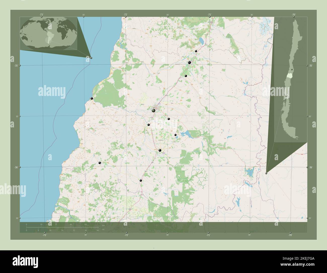 Maule, region of Chile. Open Street Map. Locations of major cities of ...