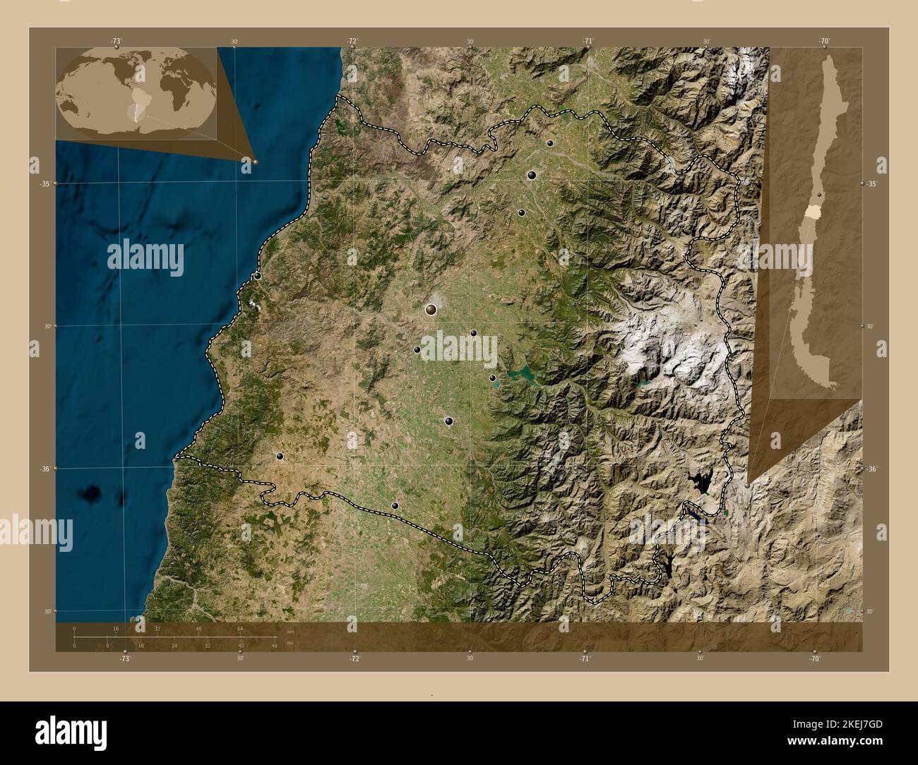 Maule, region of Chile. Low resolution satellite map. Locations of ...