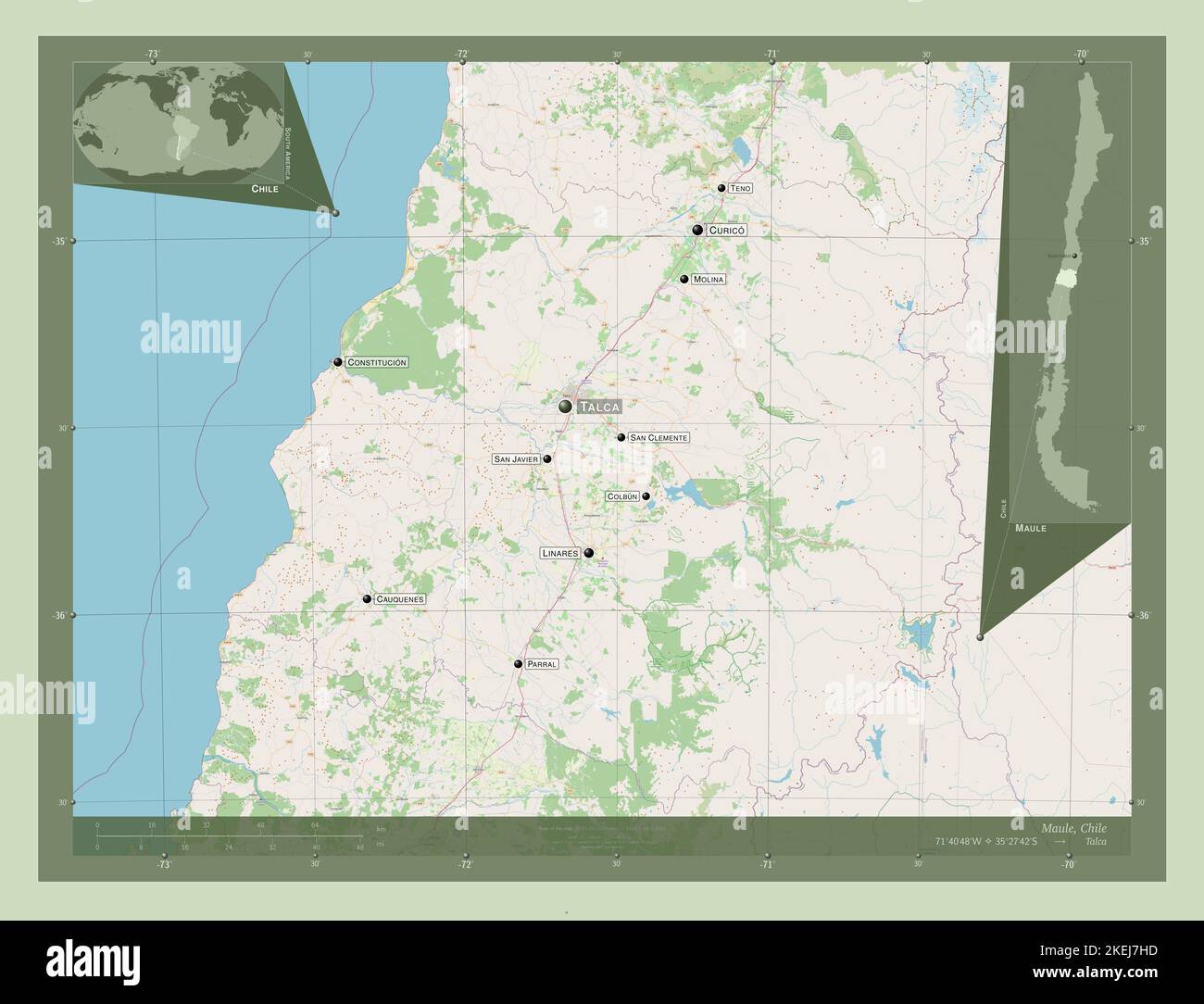 Maule, region of Chile. Open Street Map. Locations and names of major ...