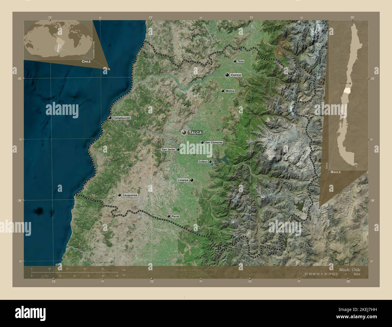Maule, region of Chile. High resolution satellite map. Locations and ...