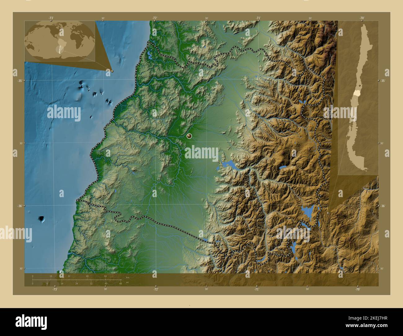 Maule, region of Chile. Colored elevation map with lakes and rivers ...