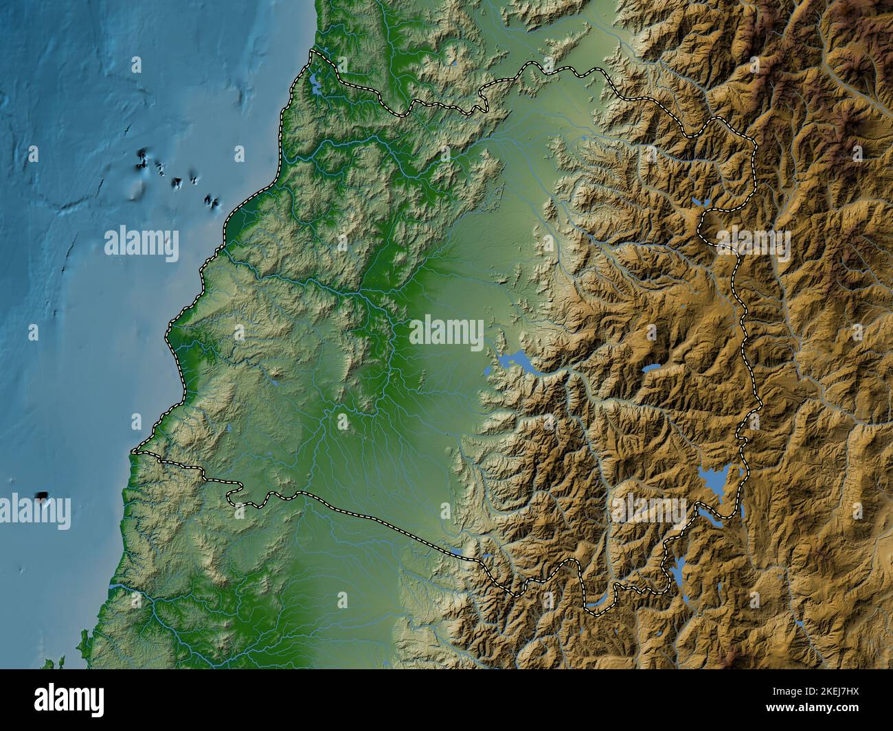Maule, region of Chile. Colored elevation map with lakes and rivers ...