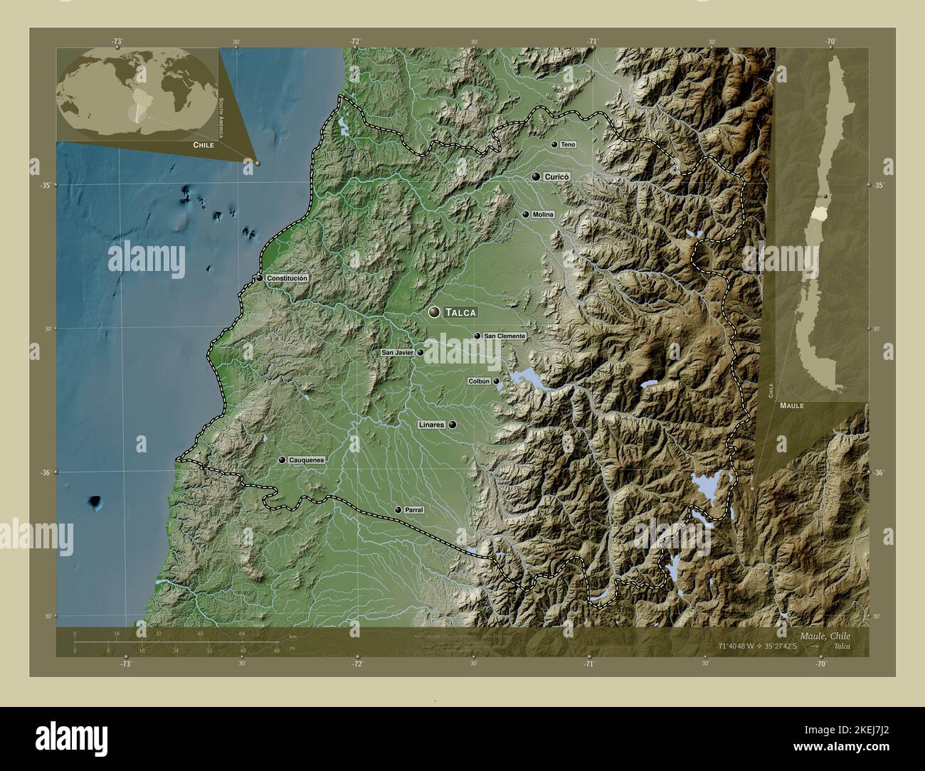 Maule, region of Chile. Elevation map colored in wiki style with lakes ...