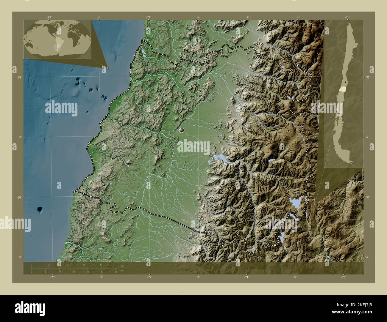 Maule, region of Chile. Elevation map colored in wiki style with lakes ...