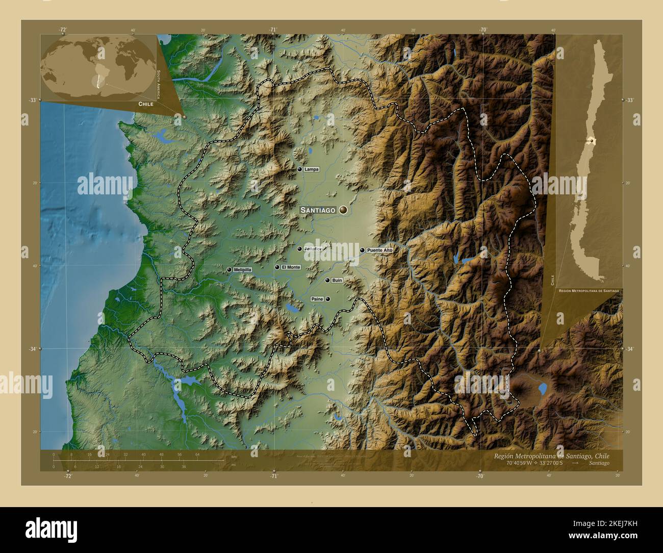 Region Metropolitana de Santiago, region of Chile. Colored elevation ...
