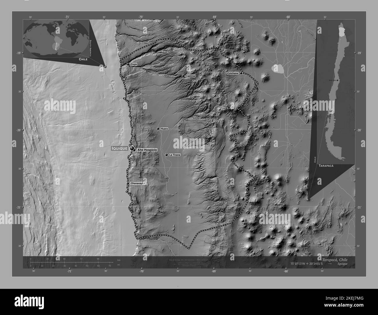 Tarapaca, region of Chile. Bilevel elevation map with lakes and rivers ...