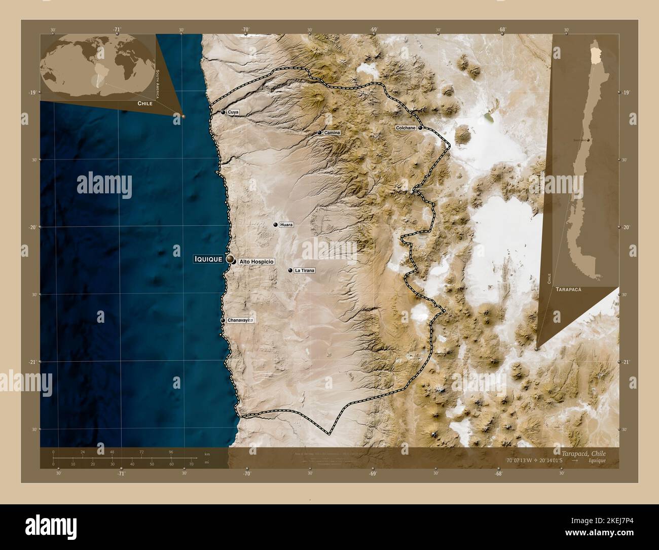 Tarapaca, region of Chile. Low resolution satellite map. Locations and ...