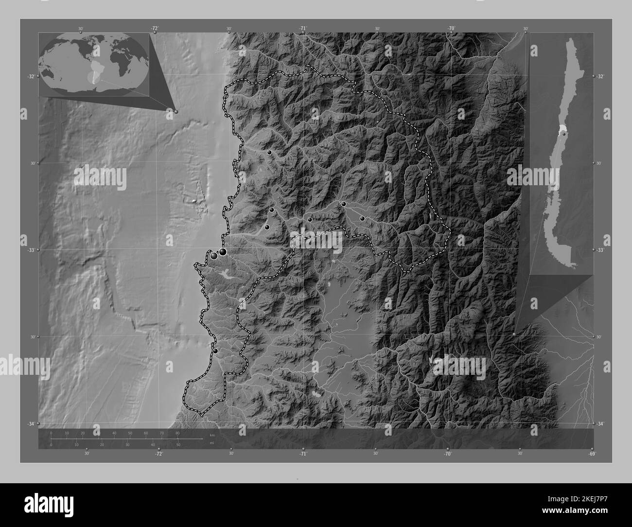 Valparaiso, region of Chile. Grayscale elevation map with lakes and ...