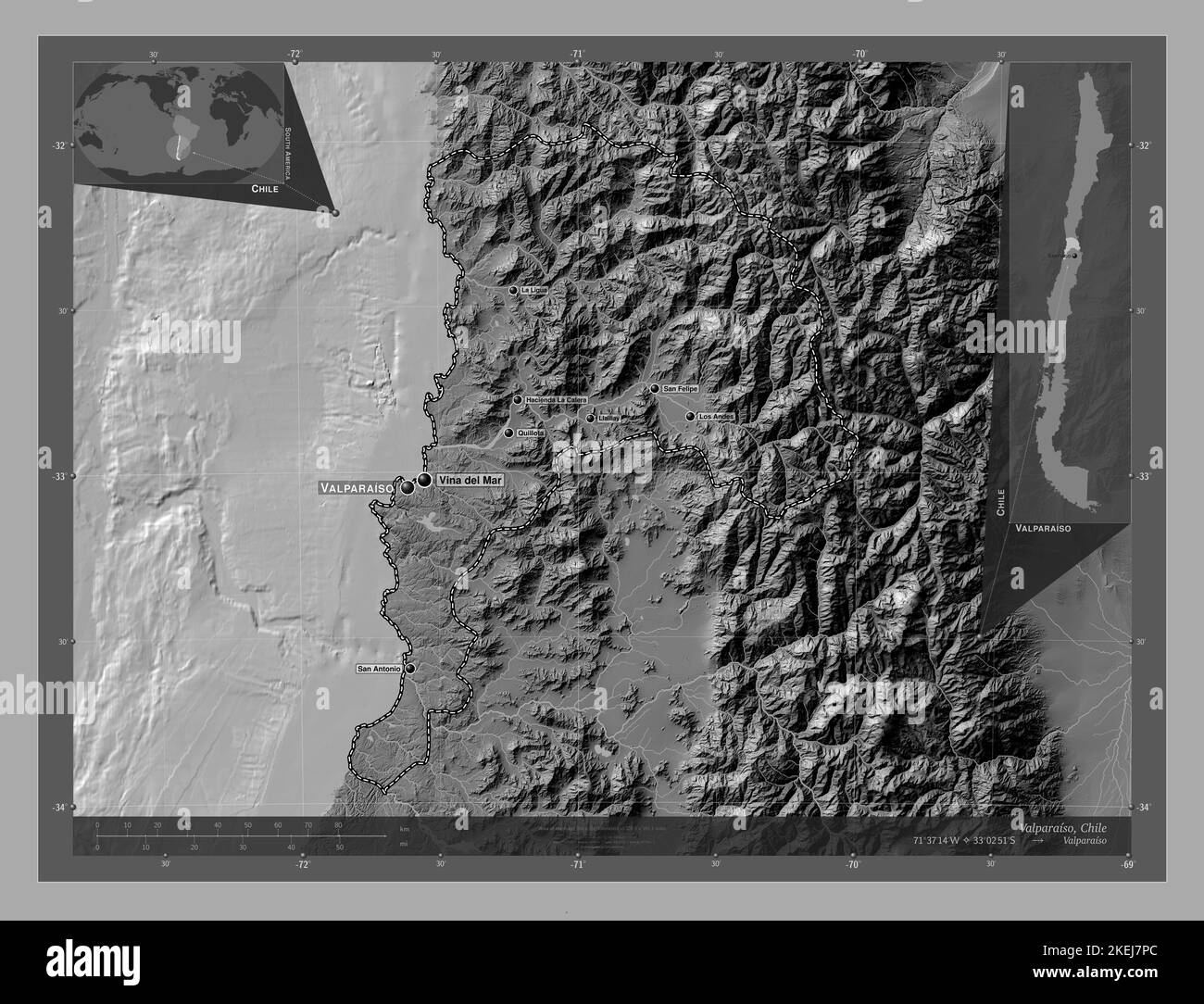 Valparaiso, region of Chile. Bilevel elevation map with lakes and ...