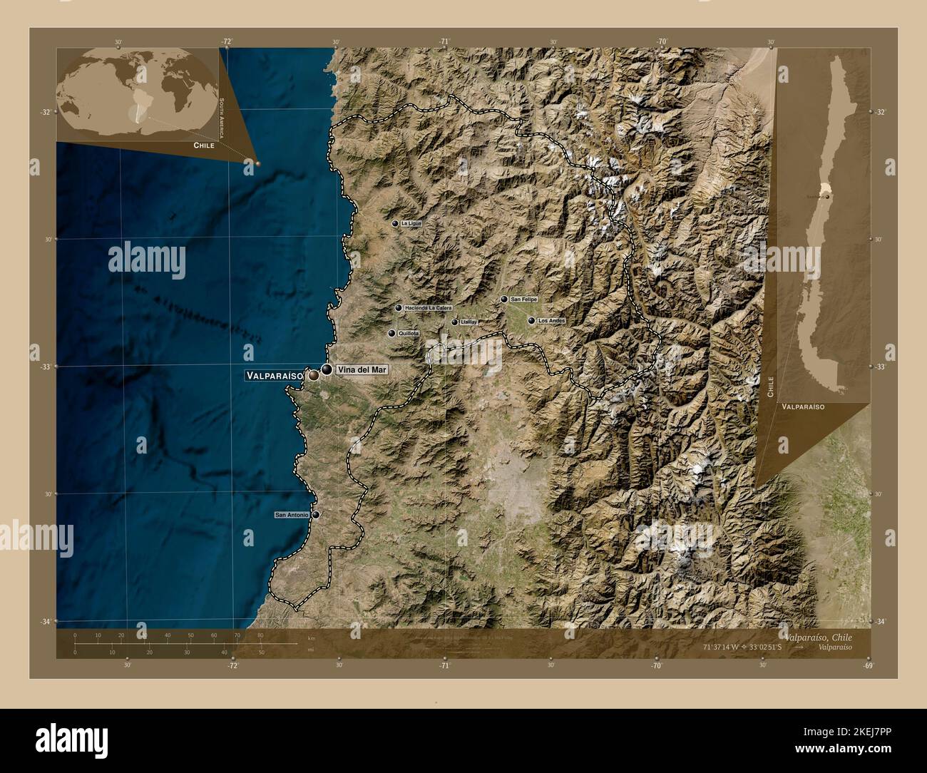 Valparaiso, region of Chile. Low resolution satellite map. Locations ...