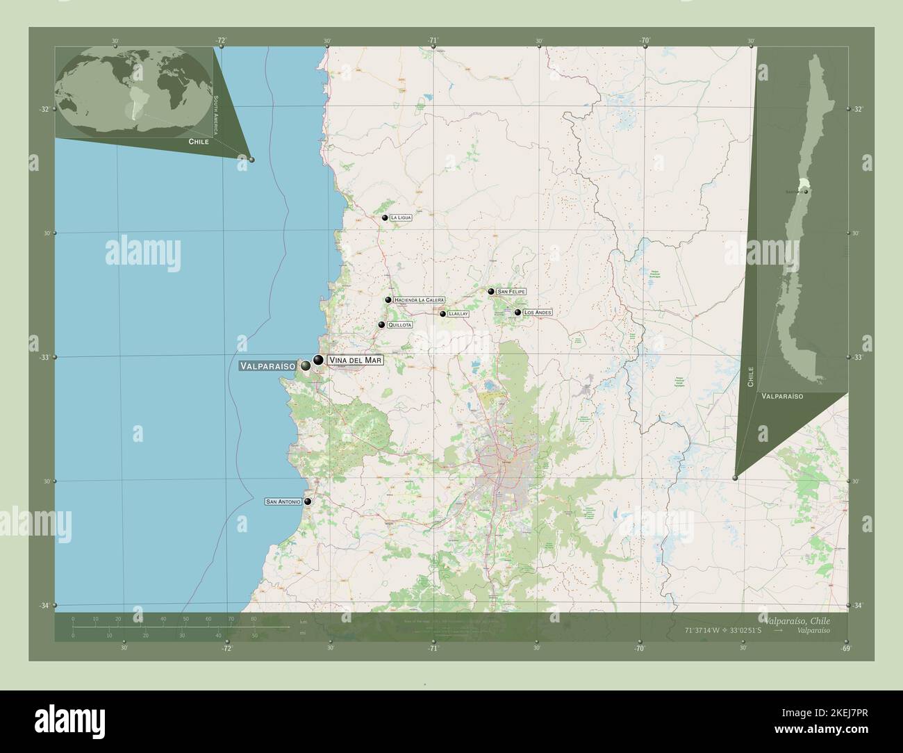Valparaiso, region of Chile. Open Street Map. Locations and names of ...