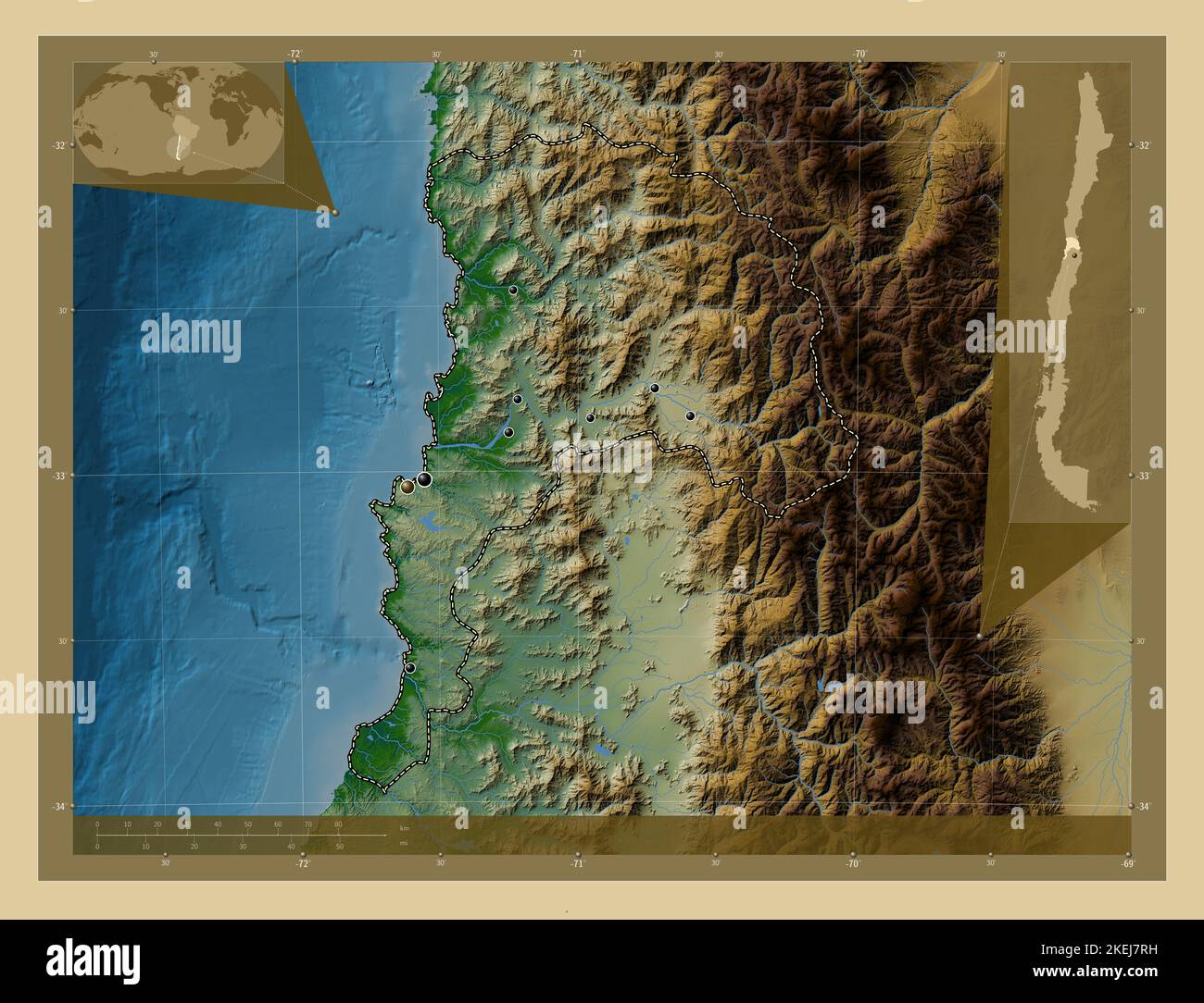 Valparaiso, region of Chile. Colored elevation map with lakes and ...