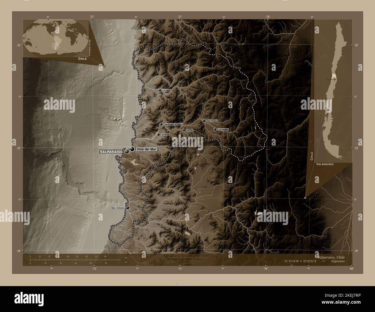 Valparaiso, region of Chile. Elevation map colored in sepia tones with ...