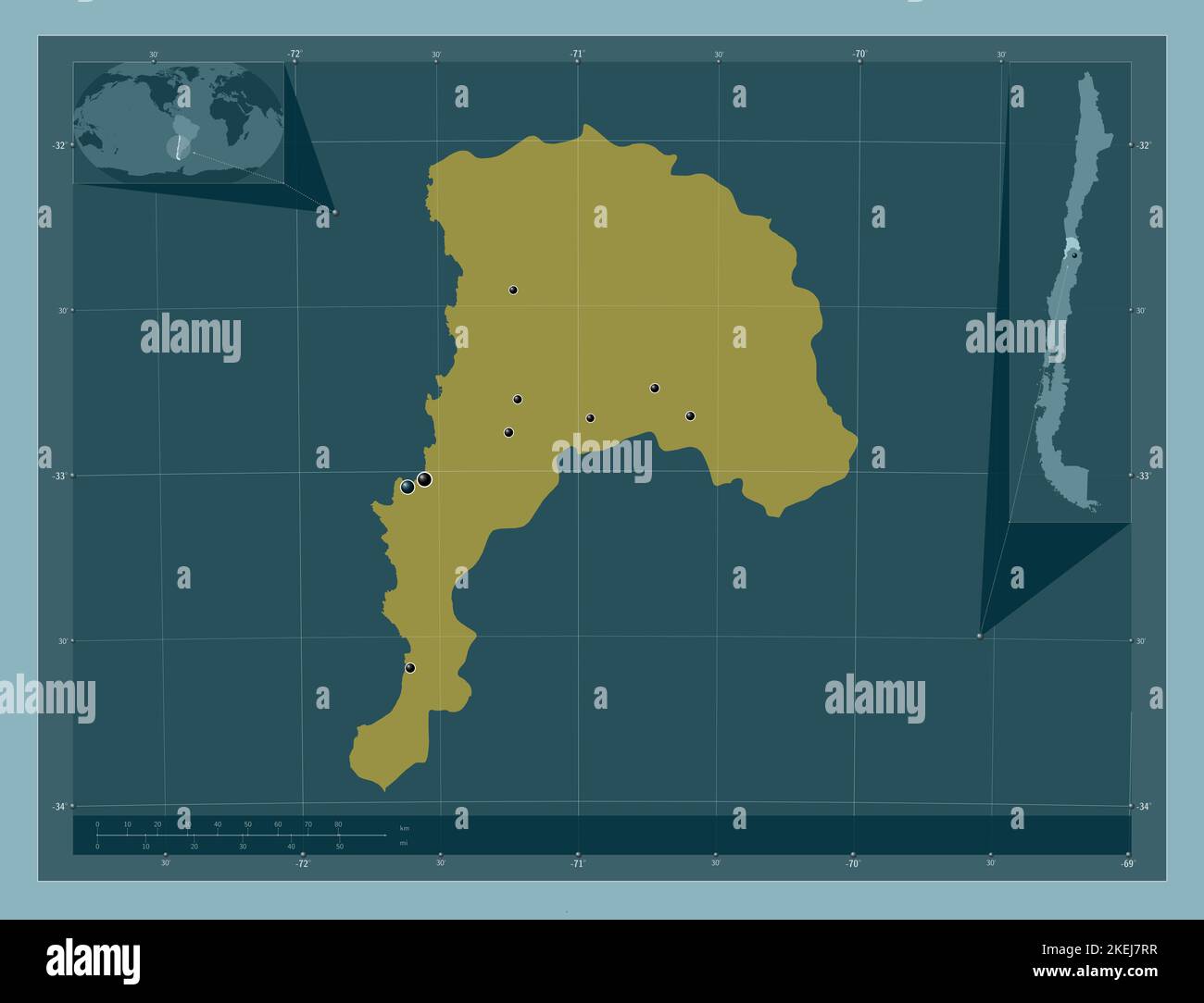 Valparaiso, region of Chile. Solid color shape. Locations of major ...