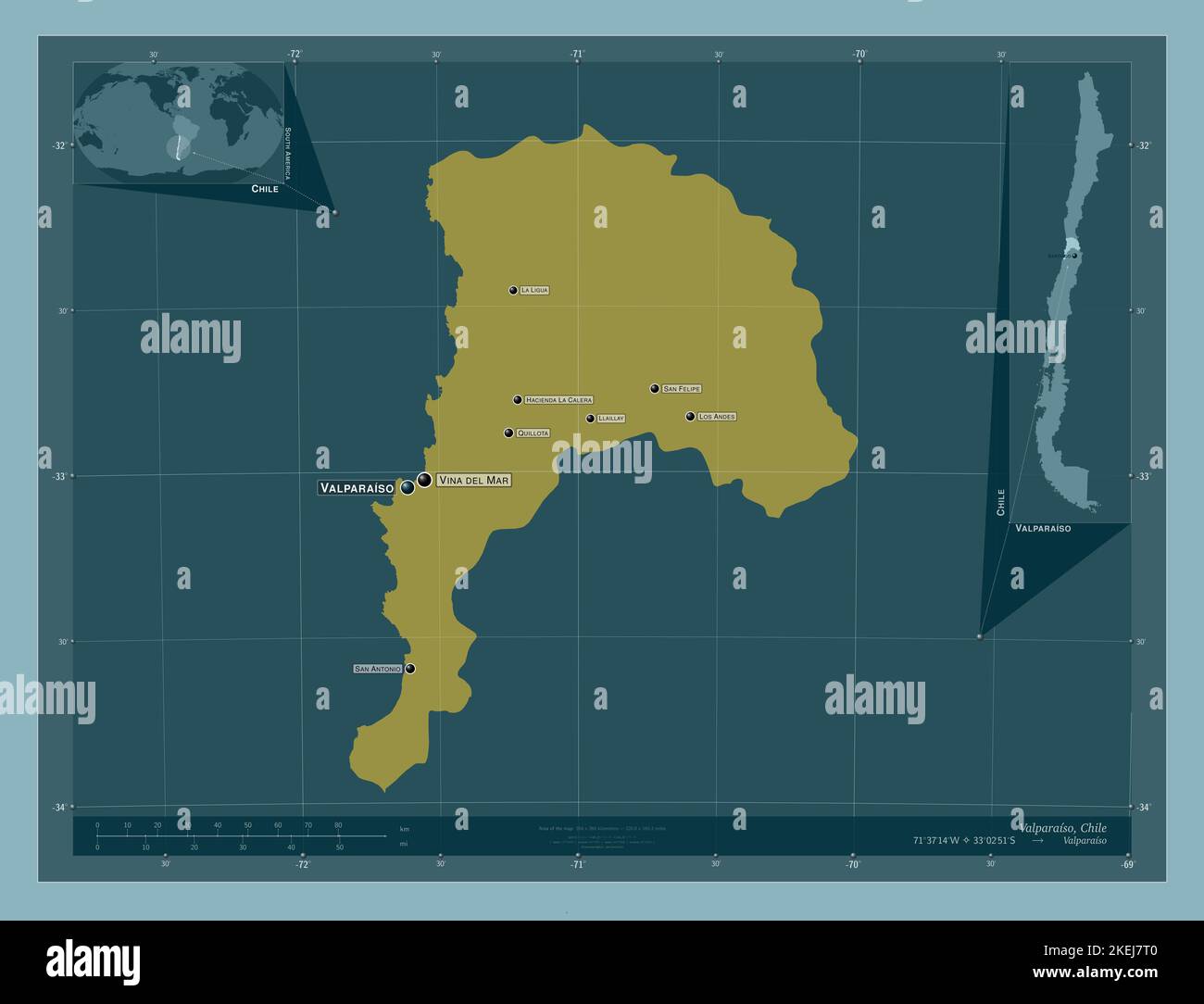 Valparaiso, region of Chile. Solid color shape. Locations and names of ...