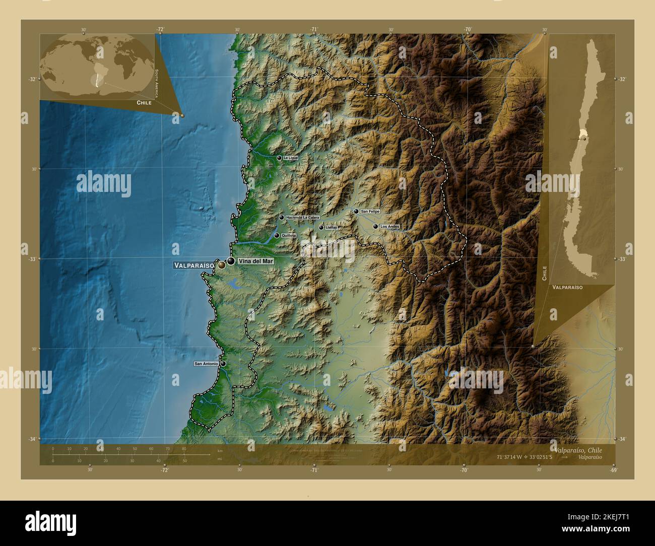 Valparaiso, region of Chile. Colored elevation map with lakes and ...