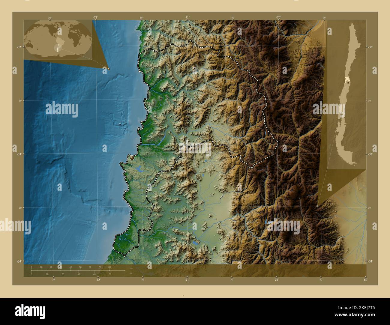 Valparaiso, region of Chile. Colored elevation map with lakes and ...