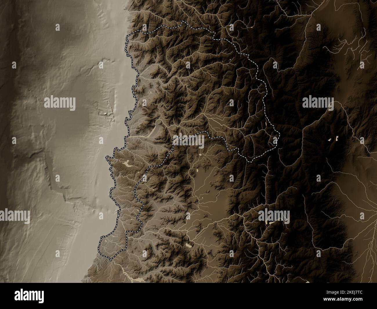 Valparaiso, region of Chile. Elevation map colored in sepia tones with ...