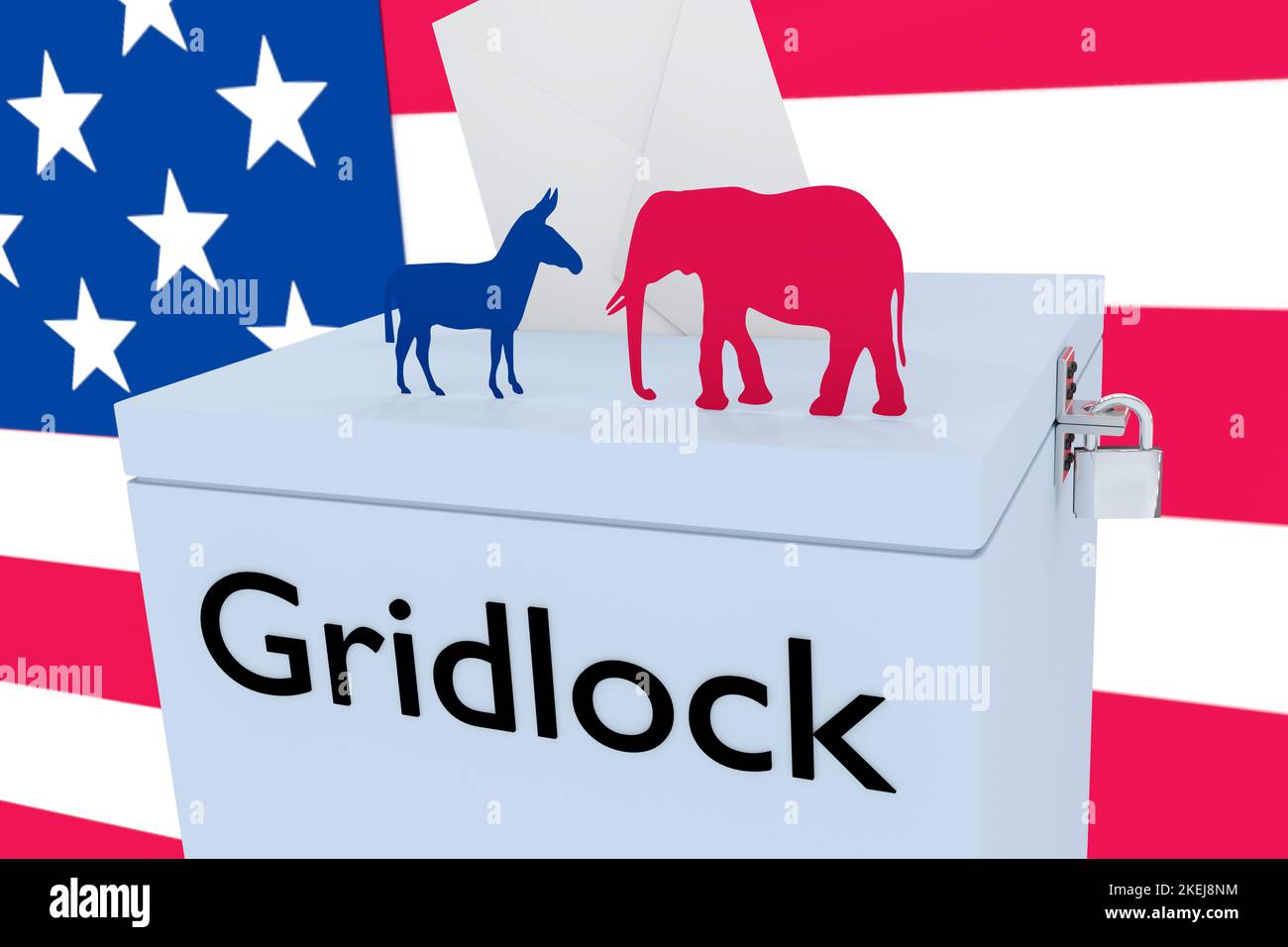 3D illustration of a ballot box with silhouettes of donkey and elephant ...