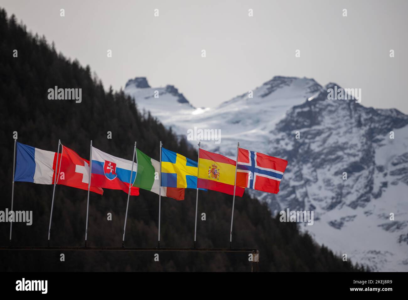 The flags of European countries during the winter games in the Alps ...