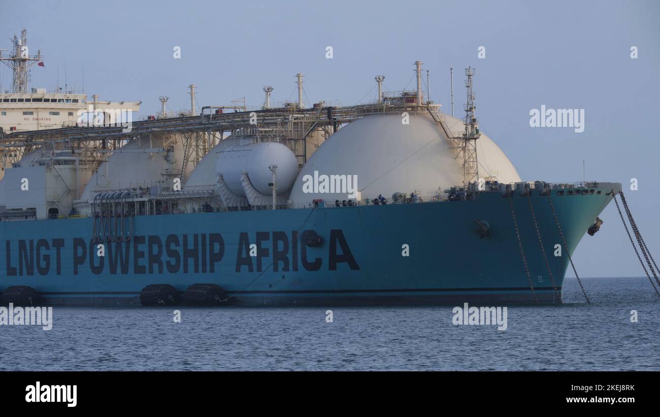A gas container ship sailing near the Dakar coast, Senegal Stock Photo ...