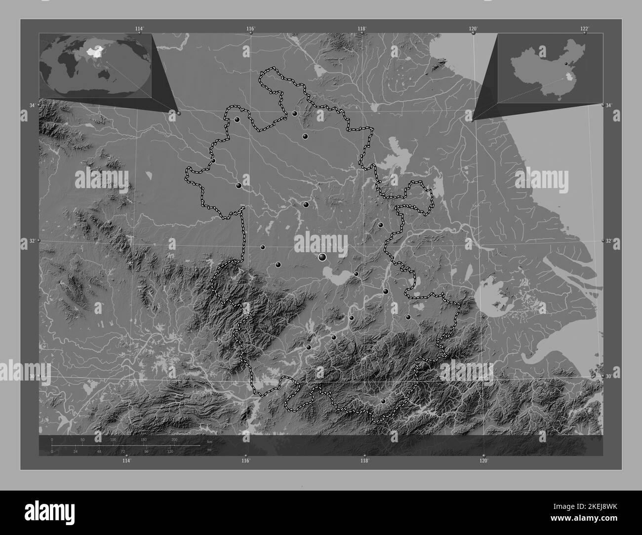 Anhui, province of China. Bilevel elevation map with lakes and rivers ...