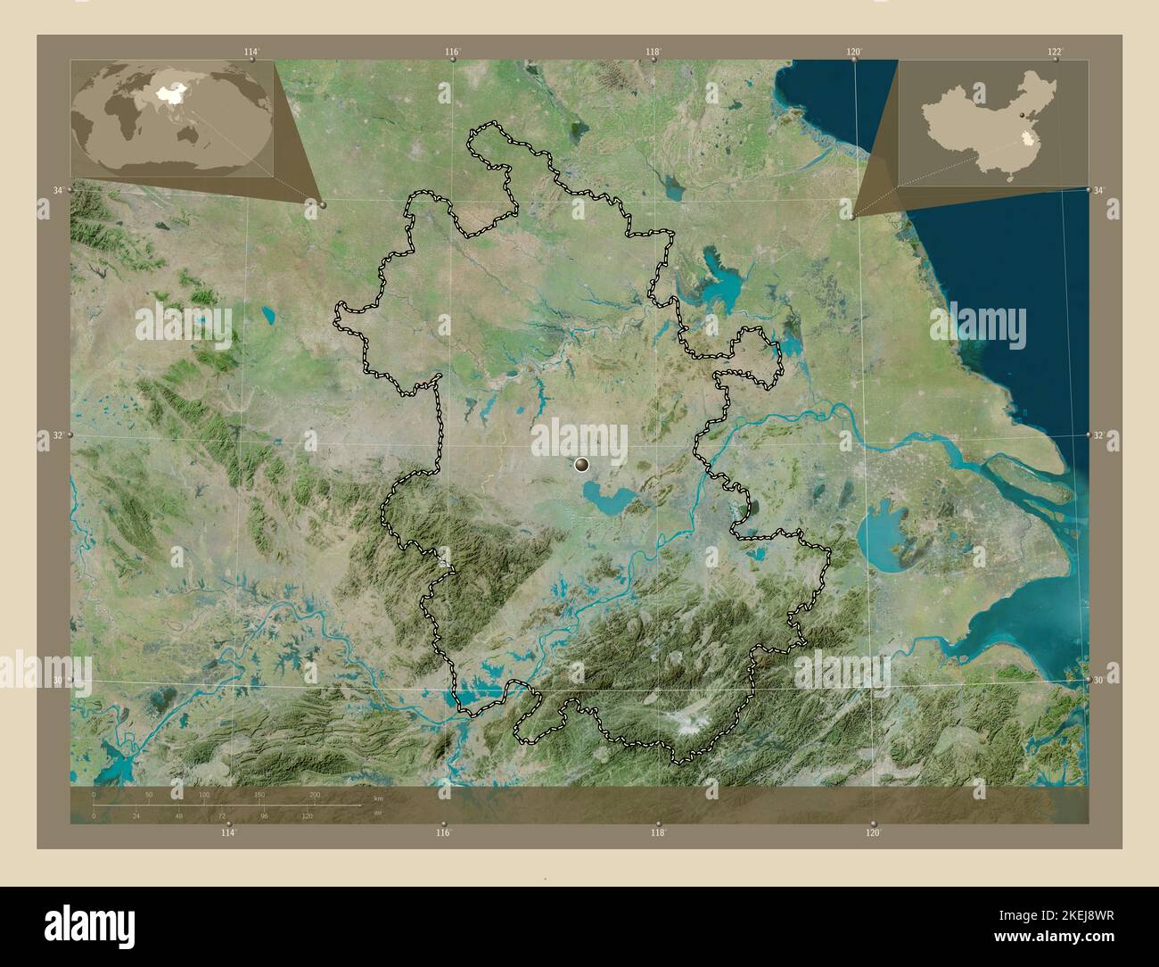 Anhui, province of China. High resolution satellite map. Corner ...