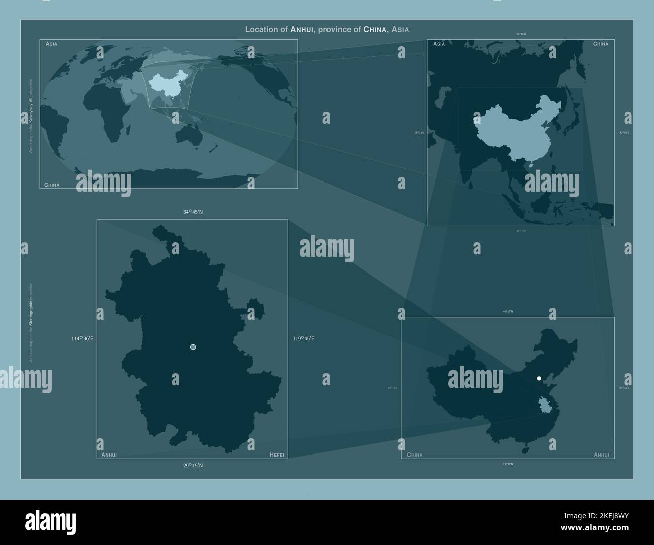 Anhui, province of China. Diagram showing the location of the region on ...