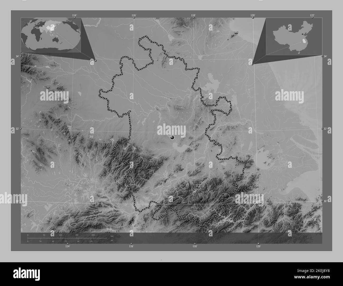 Anhui, province of China. Grayscale elevation map with lakes and rivers ... Anhui, province of China. Grayscale elevation map with lakes and rivers ...