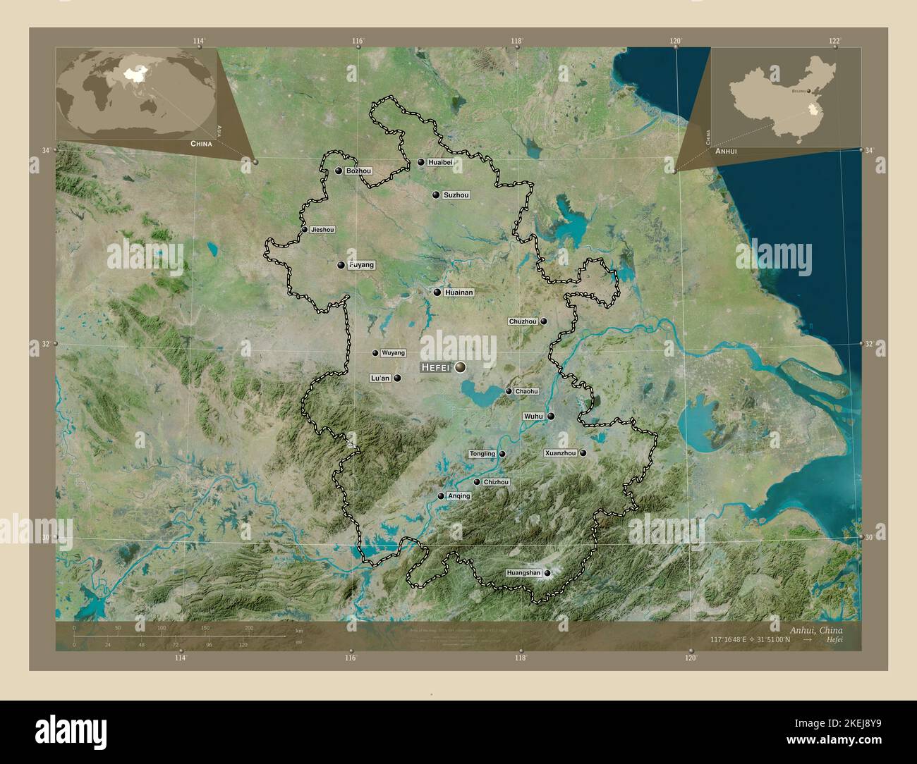 Anhui, province of China. High resolution satellite map. Locations and ...