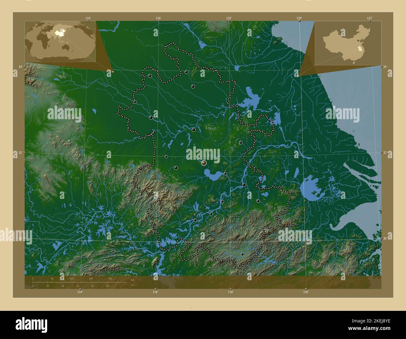 Anhui, province of China. Colored elevation map with lakes and rivers ...