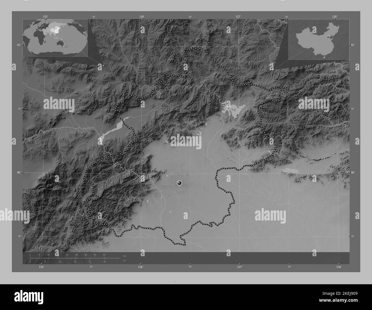 Beijing, municipality of China. Grayscale elevation map with lakes and ...