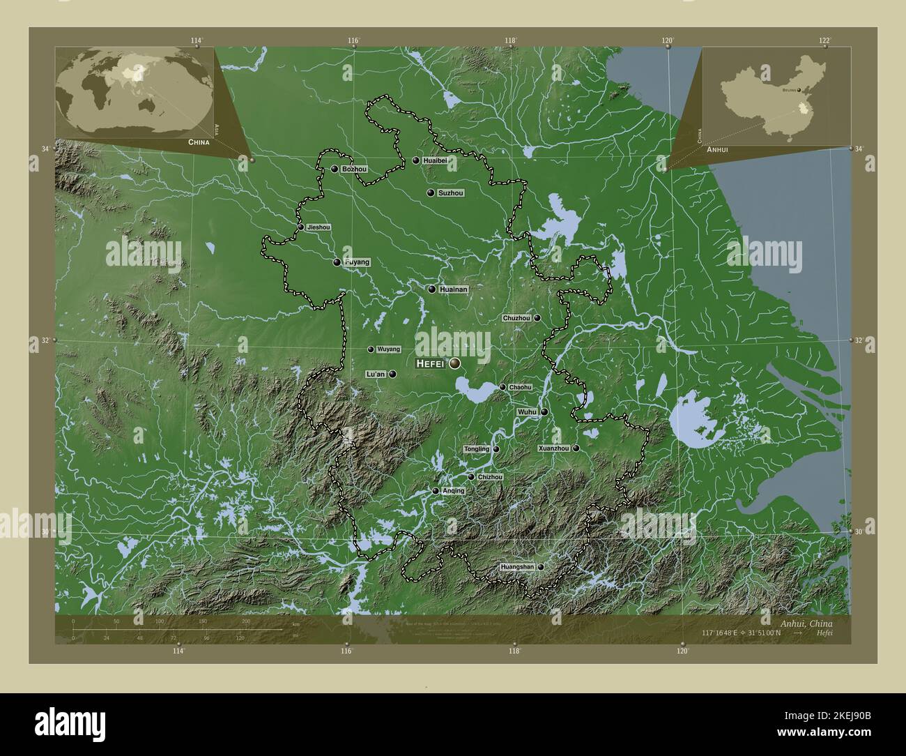 Anhui, province of China. Elevation map colored in wiki style with ...
