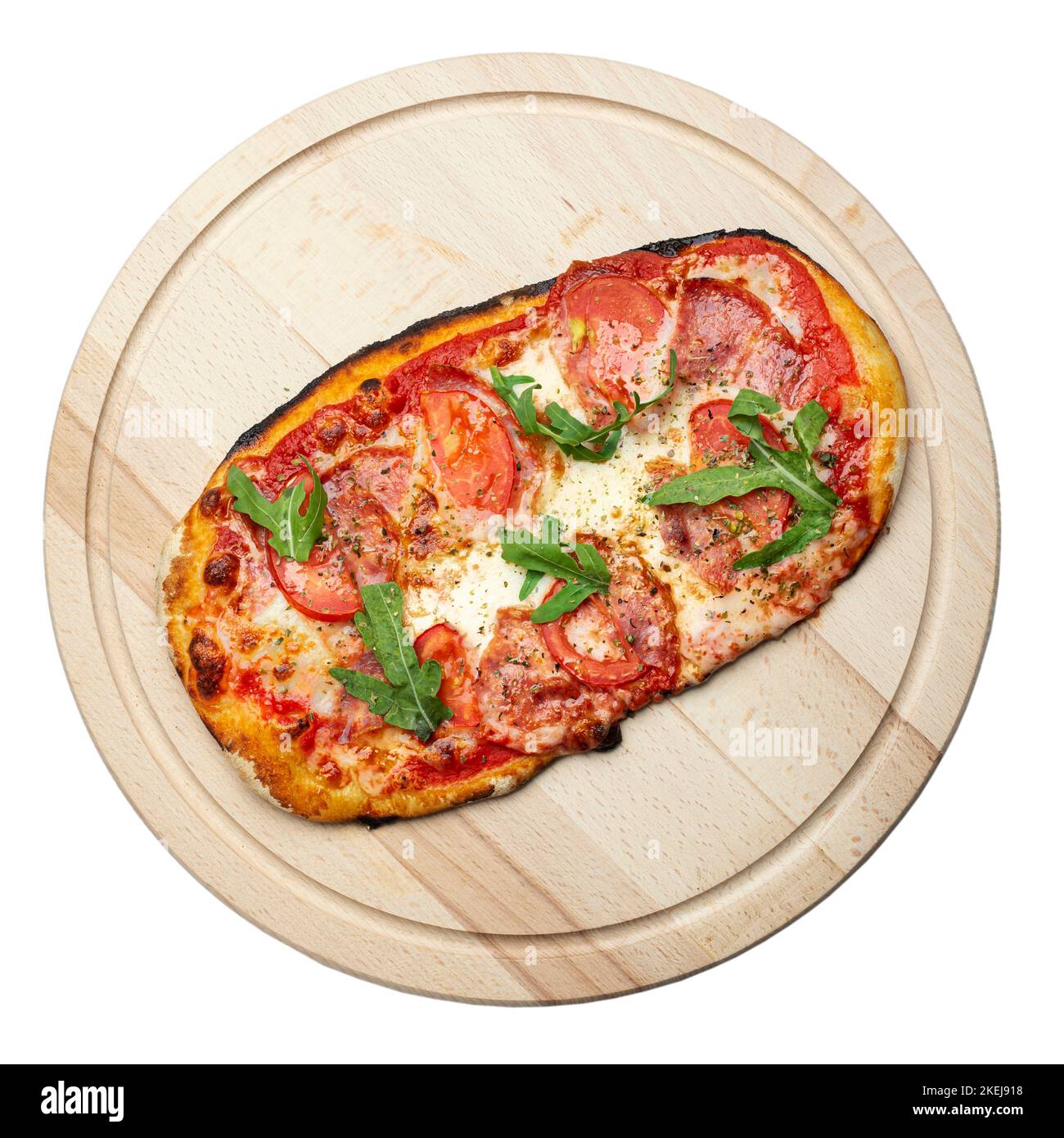 Delicious pizza served on wooden plate isolated on white background ...
