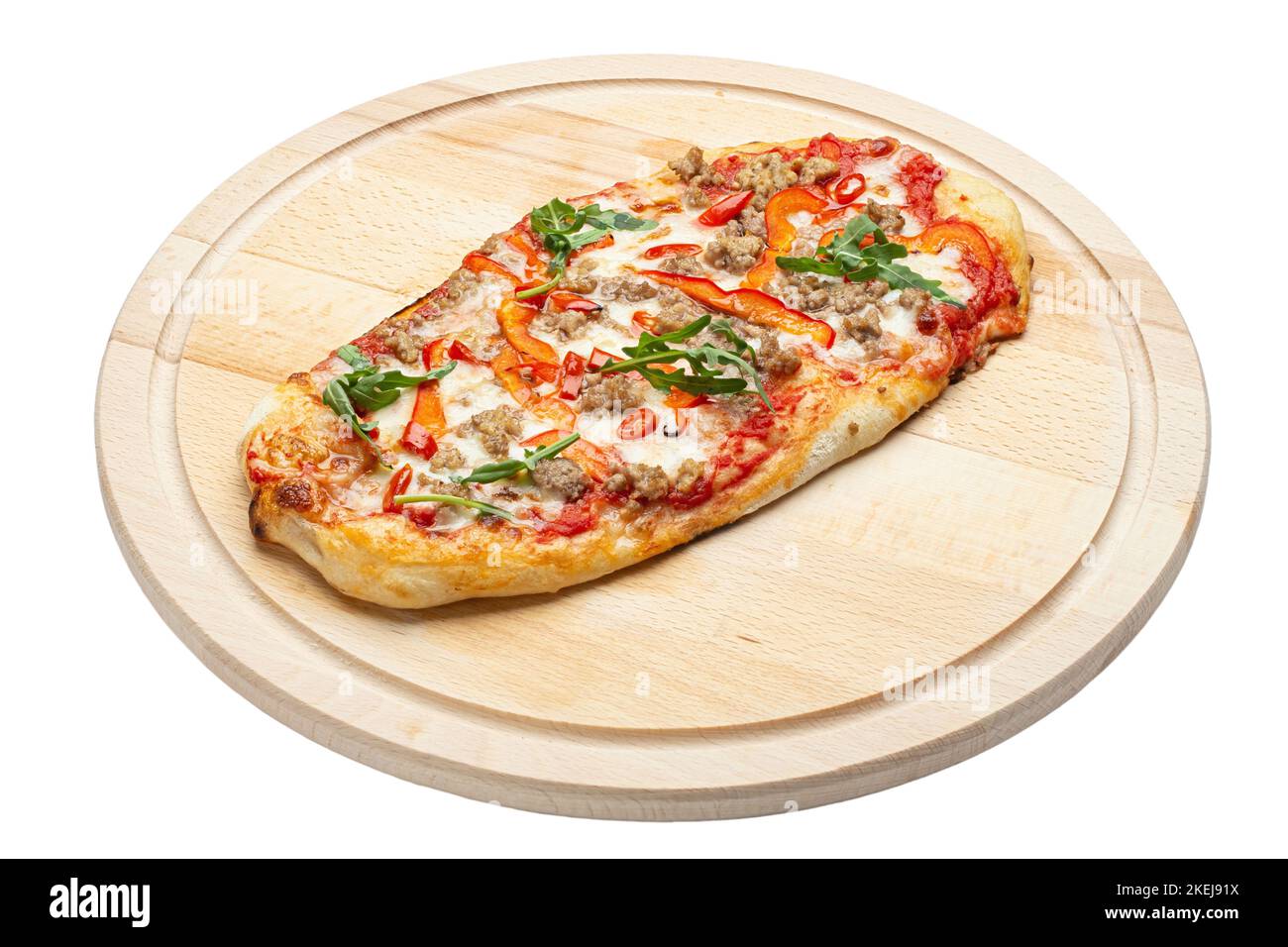 Delicious pizza served on wooden plate isolated on white background ...