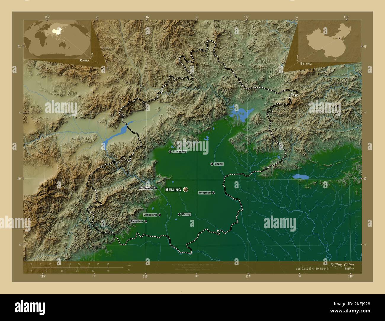 Beijing, municipality of China. Colored elevation map with lakes and ...
